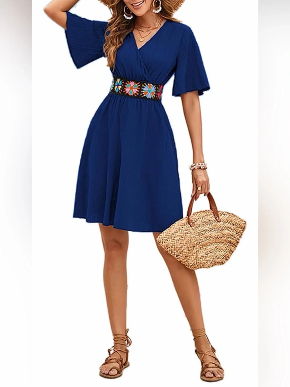TDiooCor | Dresses | Tdioocor Bohemian Navy Embroidered Waist Vneck ...
